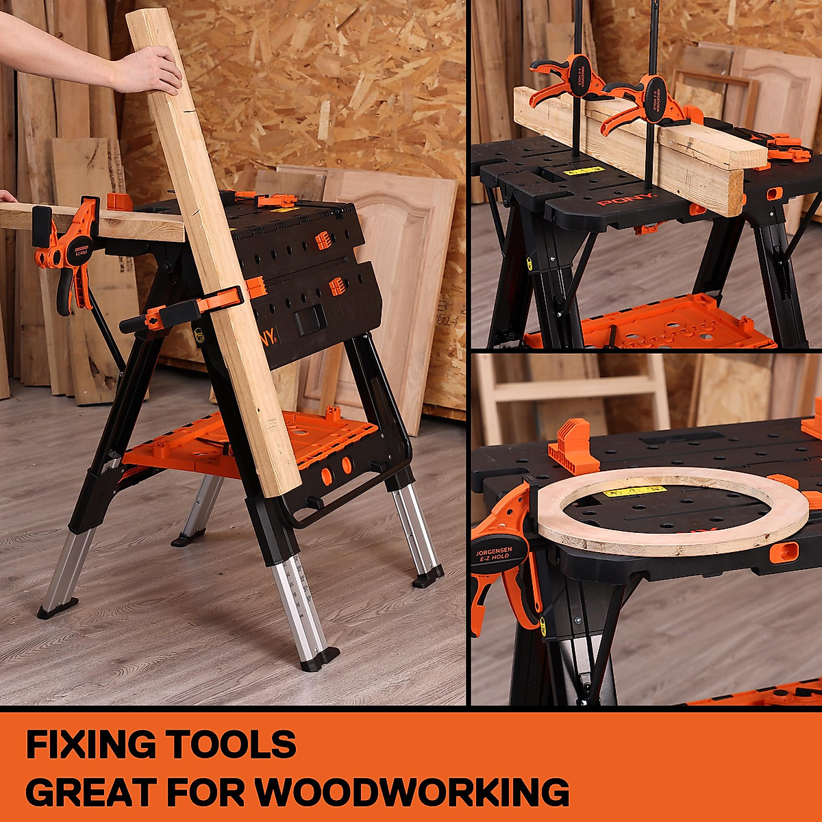 Pony Portable Folding Work Table, 2-in-1 as Sawhorse & Workbench, 31” W×25” D×25”-35”H, Large Load Capacity with 4pcs Clamps, 4pcs Bench Dogs