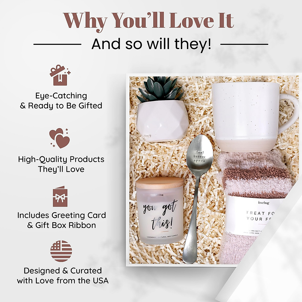 lovebug Get Well Soon Gift Baskets for Women - Self Care Gifts for Women Care Package for Women, Thinking of You Gift Basket After Surgery, Thinking of You, Birthday, Sick Friend - Gift Set for Women