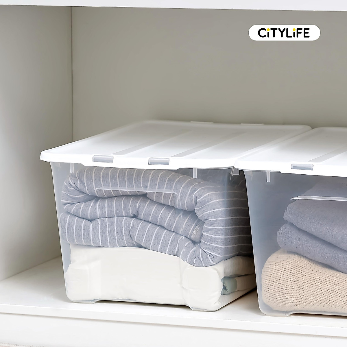 Citylife 54 Quart Stackable Storage Plastic Storage Box with Tight Locking Lid Clear Storage Box Chest, Plastic Container for Organizing Clothes in Closet, 4-Pack