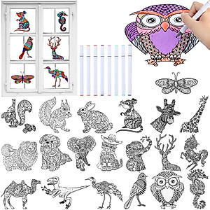 Leinuosen 28 Pcs Color Your Own Mandala Window Clings and Markers Stained Glass DIY Paint Kit Window Art Fun Activities Crafts Sun Catcher Kit for Adults Women Teens Home Window Decor (Animals)