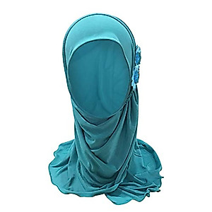 Kids Girls Lovely Muslim Hijab with Flowers Anti-UV Sun Protection Breathable One Piece Islamic Head Scarf Shawls Arabian Turban for 2-6 Years Blue