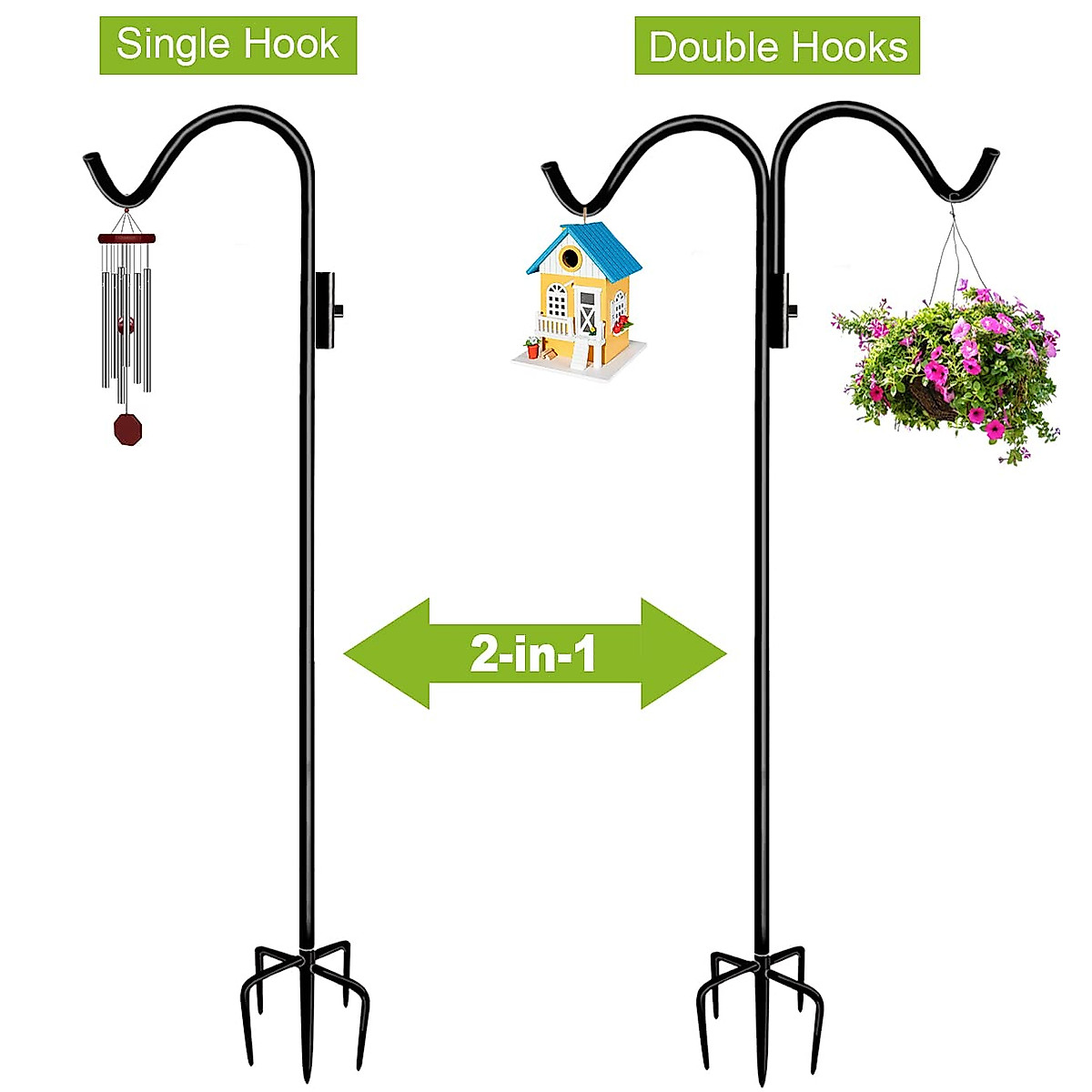 Tuohours 92 Inch Double Shepherd Hook Stand for Outdoor Birdfeeder, Adjustable Two Sided Garden Bird Feeder Pole Holder for Birdhouse Planter Solar Light Lantern, Black, 1 Pack
