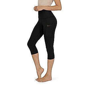 ODODOS Women's High Waisted Yoga Capris with Pockets,Tummy Control Non See Through Workout Sports Running Capri Leggings, Black,Medium