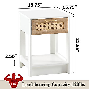 LETESA Rattan Nightstands, with Rattan Decor Drawer and Open Shelf, Bed Side Tables with Solid Wood Feet, End Table, Night Stands, for Bedroom, Living Room (1, White-Square)