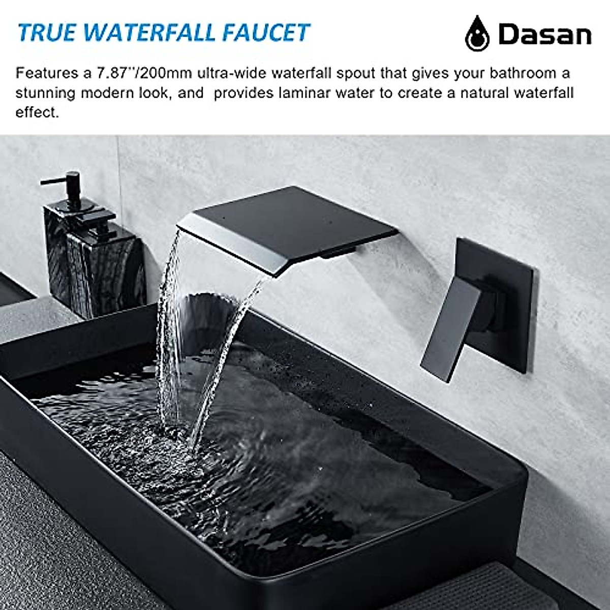 DASAN Wall Mount Waterfall Bathroom Faucet Matte Black in Wall Sink Faucet, Single Handle Wall Mounted Modern Faucet for Bathroom with Upgraded Rough in Valve