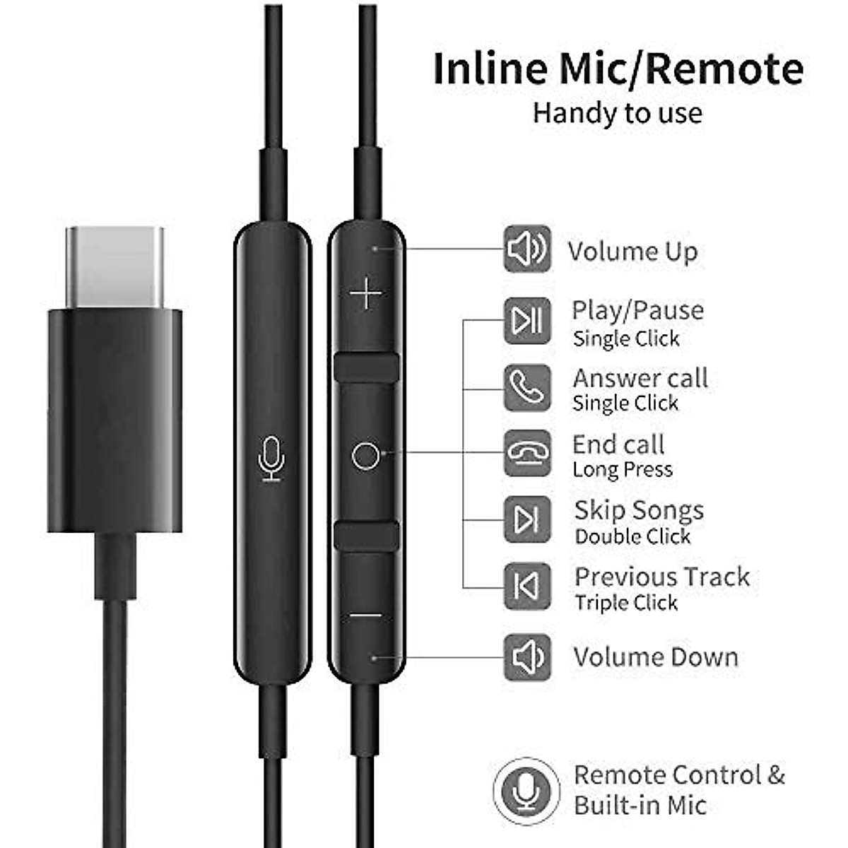 Urban Extreme USB Type C Earphones Stereo in-Ear Earbuds with Microphone and Volume Control Compatible with OnePlus 8T+ 5G - Black (US Version with Warranty)