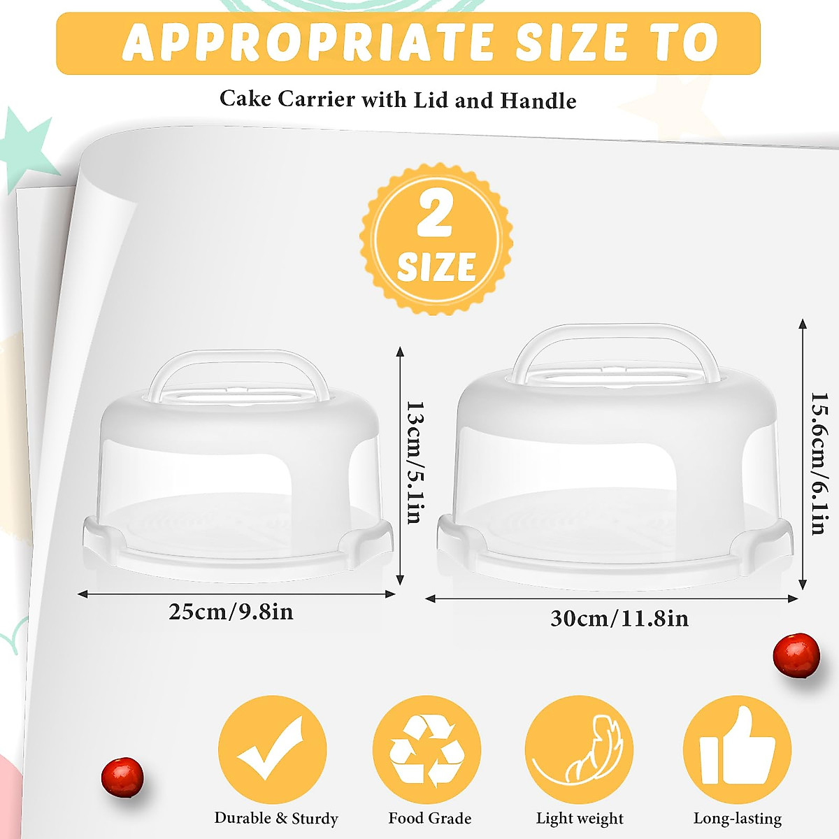 Baderke 2 Pcs 10''/ 8'' Cake Carrier with Lid Cake Holder Plastic Cake Stand with Lid Handle Round Cake Container Portable Cake Saver with Cover Cake Boxes for Cupcake Pie Serving Transport (White)