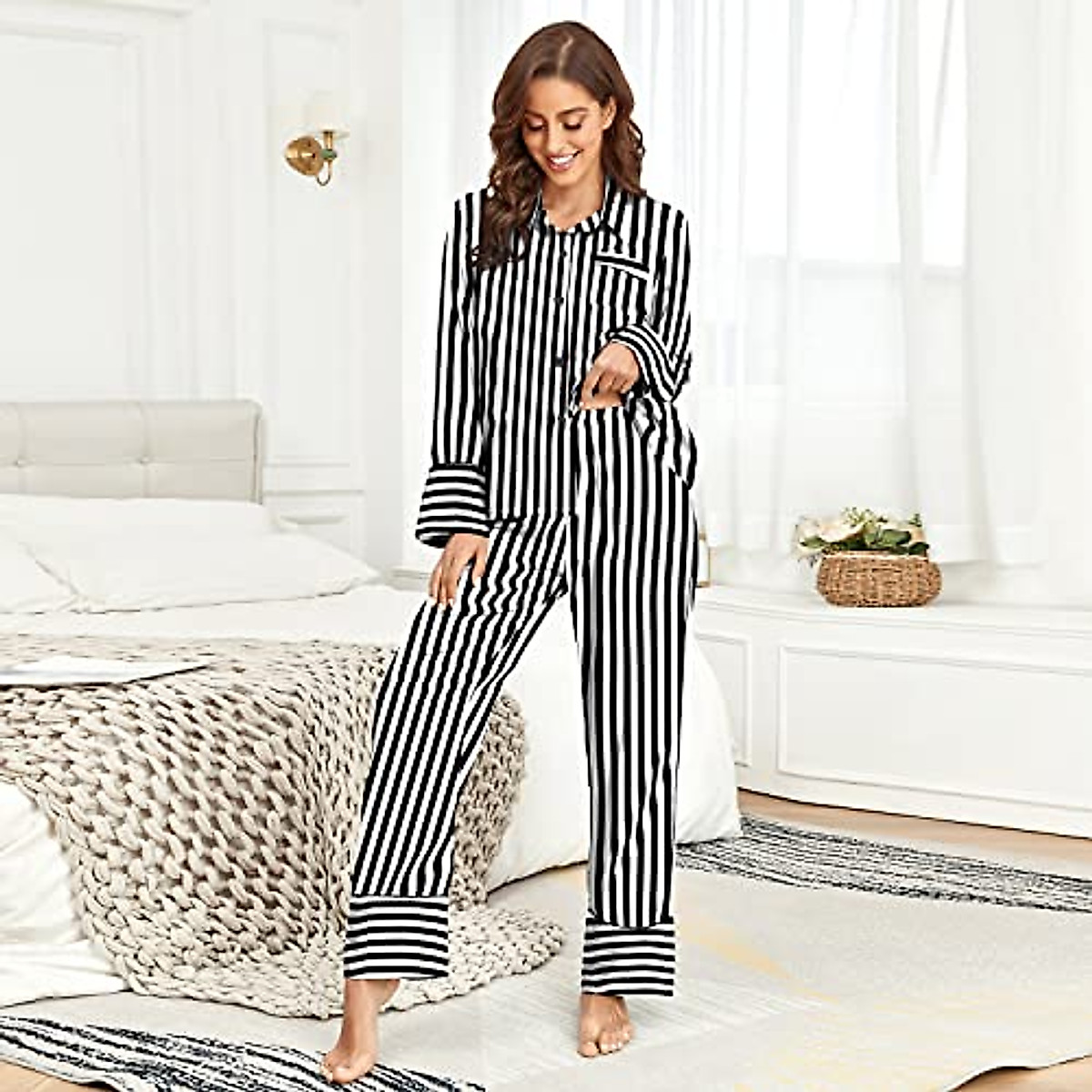 DUWMCON Striped Silk Satin Sleepwear for Women Pajama Set Long Sleeve Button Down Nightwear Two Piece Loungewear Pjs Set Black Striped XS