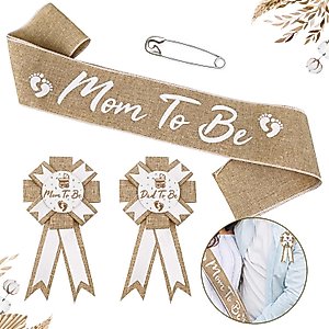 Lopeastar Neutral Burlap Mom to Be Sash Dad to Be Pin Baby Shower Decorations, Rustic Boho Mommy to Be Sash Baby Shower Corsage Pin Set for Pregnant Mommy Gift Party Decorations