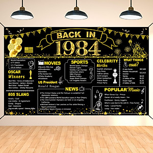 DARUNAXY 40th Birthday Black Gold Party Decoration, Back in 1984 Banner 40 Year Old Birthday Party Poster Supplies Vintage 1984 Backdrop Photography Background for Men & Women 40th Class Reunion Decor