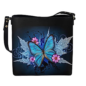 WELLFLYHOM Blue Butterfly Handbag for Women Crossbody Bucket Bags Trendy Tote Purses PU Leather Hobo Bag Work Satchel Shoulder Bag Travel wallet Organizer Gifts for Girls Messenger Pouches