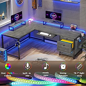 SEDETA 69" L Shaped Desk with Drawers, Convertible Corner Desk to Long Office Desk, Computer Desk with File Drawers for Home Office, Gaming Desk with LED Lights, Grey