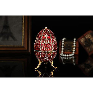 QIFU Vintage Red Faberge Egg Style Enameled Trinket Box Hinged, Unique Gift for Family(QF5825)