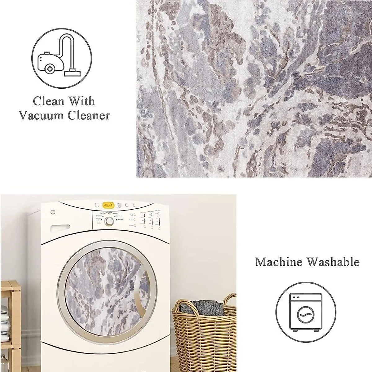 Gray Marble Distressed Area Rug 5'x 7' for Living Room Bedroom, Modern Abstract Rug with Non-Slip Backing Non Shedding Stain Resistant, Machine Washable Carpet for Dining Room