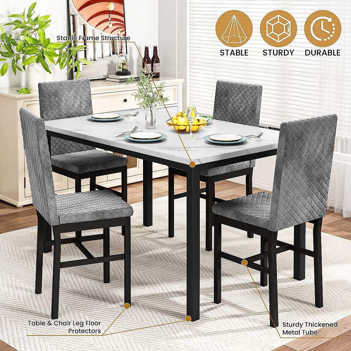 Recaceik Dining Table Set for 4, Kitchen Table and Chairs Set of 4, Faux Marble Dinner Table Set with 4 Upholstered Velvet Chairs, Dining Room Table Set for Kitchen Dining Room (White & Grey)