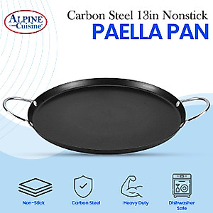 Alpine Cuisine Nonstick Round Paella Pan, 13-Inch, Black Carbon Steel, Oven Safe, Non-Magnetic