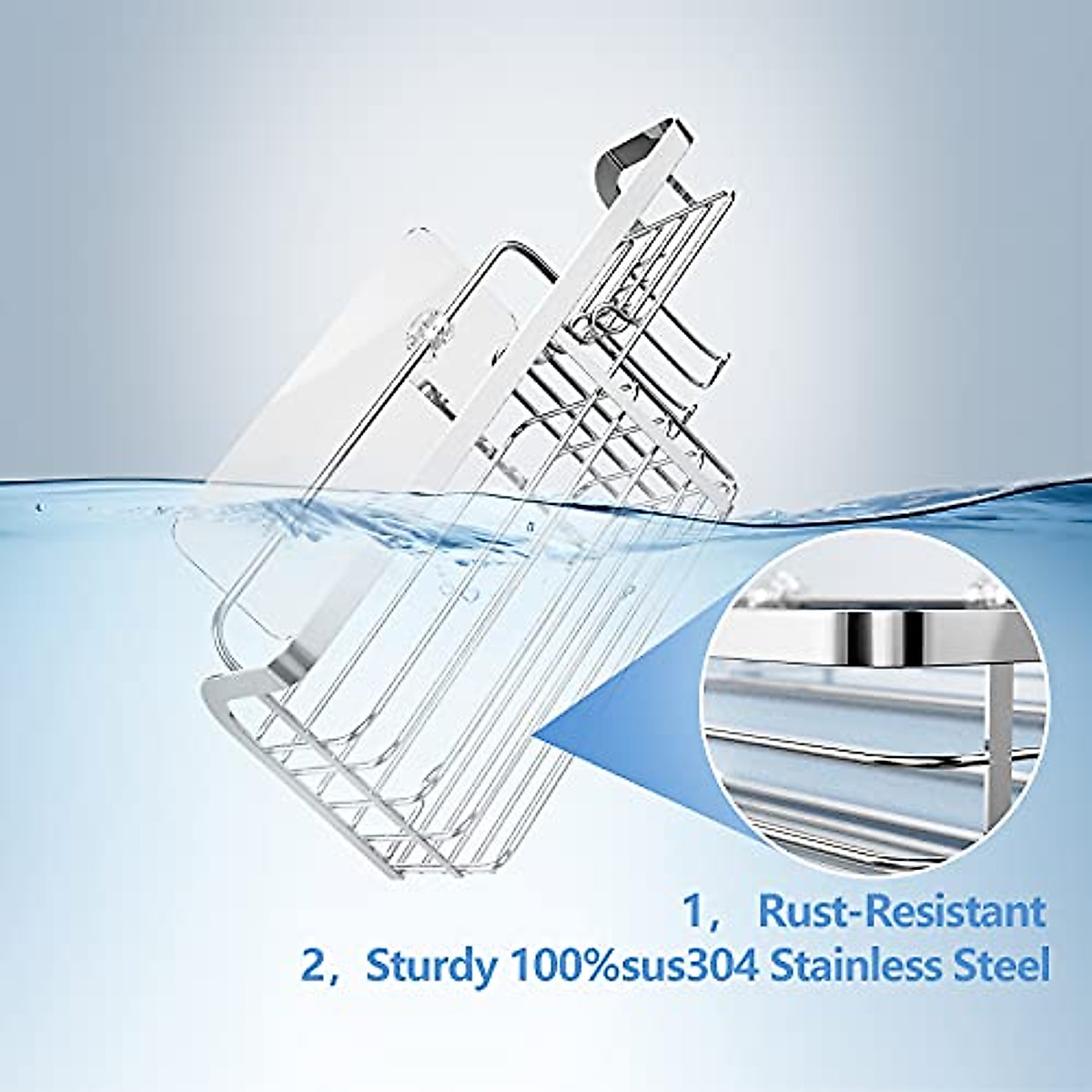 Shower Caddy Adhesive Shower Organizer with Hooks&Soap Holder,No Drilling Stainless Steel Bathroom Organizers,Rustproof Wall-Mounted Shower Shelf for Inside Shower Rack,Bathroom-2 Pack(Silver)