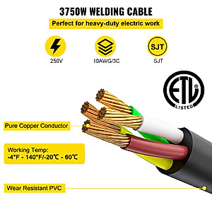 VEVOR Welder Extension Cord 30Amp 25ft 250V, Welding Power Cord with NEMA 6-50 Plug 10 Gauge 3 Prong for MIG Lincoln Plasma Miller TIG