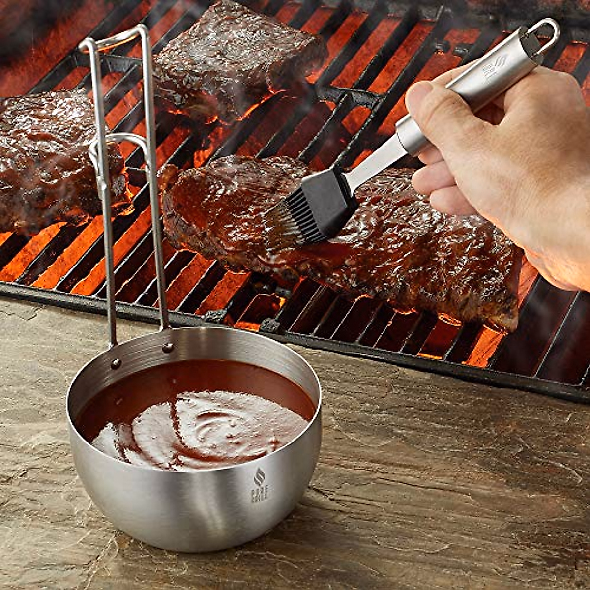 Pure Grill Stainless Steel BBQ Sauce Pot and Silicone Basting Brush - Barbecue Utensil Tool Set