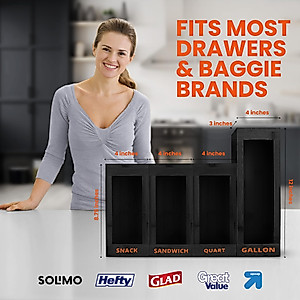 mHomeBilt Bag Storage Organizer - Bamboo Food Plastic Baggie Holder, Dispenser, and Container for Kitchen Drawer - Fits Major Brand's Gallon, Quart, Sandwich & Snack Sized Slider Bags (Black)