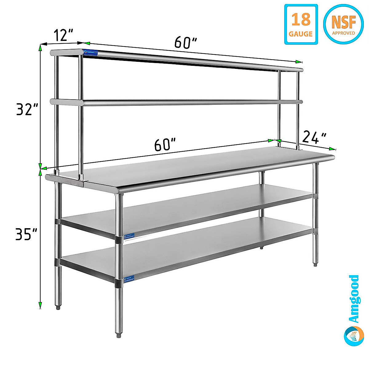 24" x 60" Stainless Steel Work Table with Two Shelves and 12" Wide Double Tier Overshelf | Metal Kitchen Prep Table & Shelving Combo