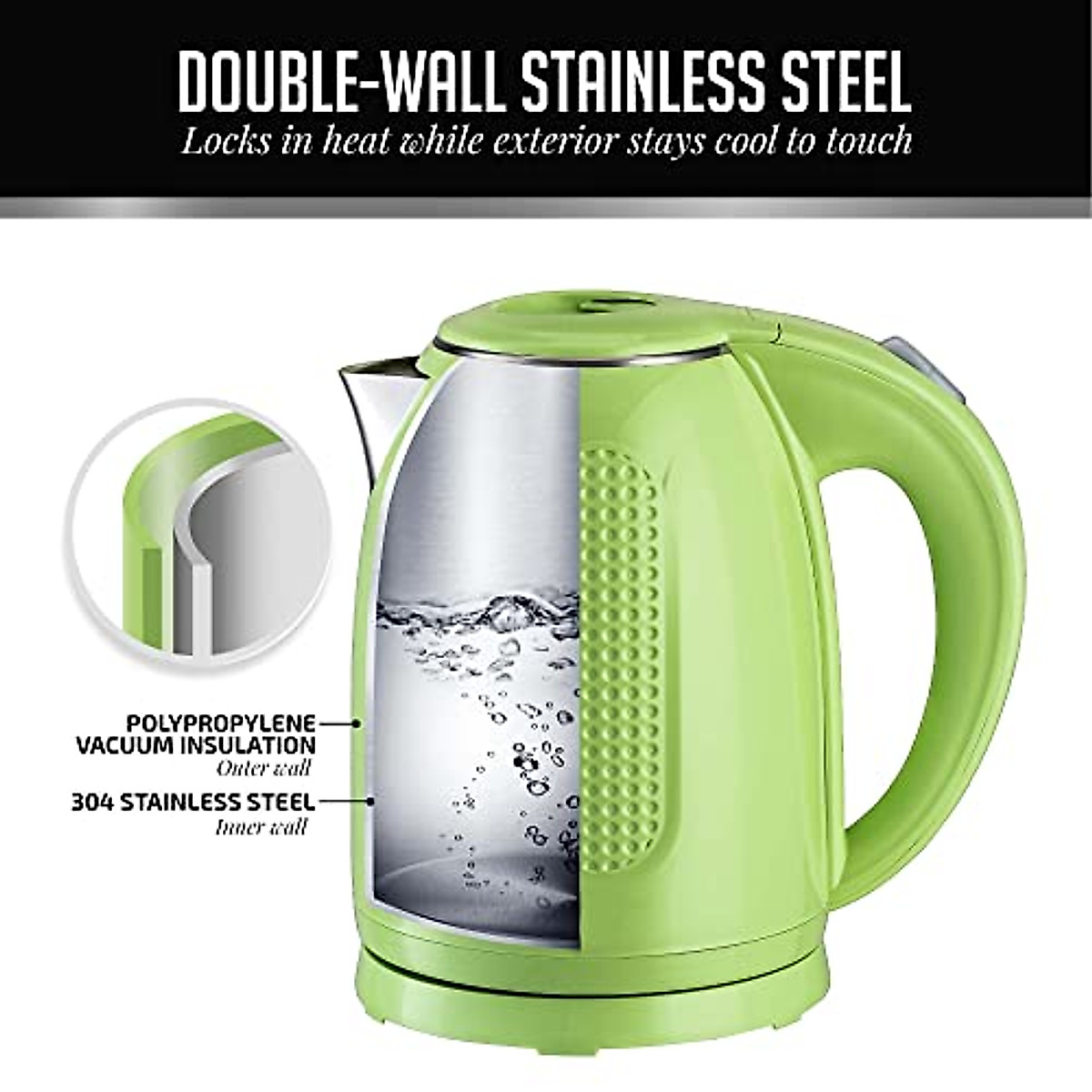 Ovente Portable Electric Kettle Stainless Steel Instant Hot Water Boiler Heater 1.7 Liter 1100W Double Wall Insulated Fast Boiling with Automatic Shut Off for Coffee Tea & Cold Drinks, Green KD64G