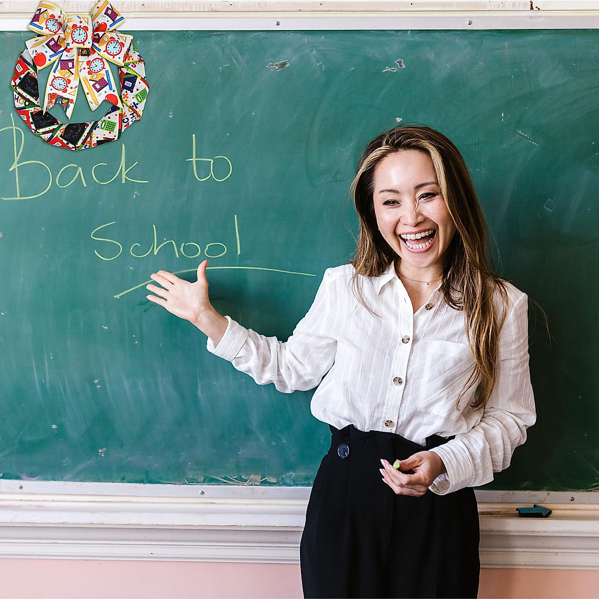 Honic 8 Rolls 32 Yards Back to School Wired Edge Ribbons, School Themed Fabric Ribbon, Apple Book Pencil Ruler Blackboard Pattern Decorative Ribbon for Bow Wreath Sewing Gift Wrappinf DIY Crafts