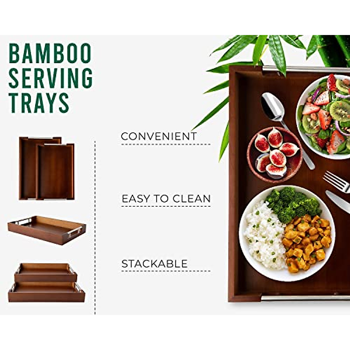 Set of 2 Modern Bamboo Serving Trays with Metal Handles – Bamboo Nesting Trays – Large, and Small Trays Set for Food, Ottoman Décor & More – Bamboo Trays for Breakfast - Brown