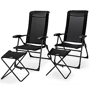 Giantex 4 Pcs Folding Patio Chairs Set 2 Pack Patio Dining Chairs with Footrest Portable Sling Chairs Camping Lawn Chairs with Adjustable Back Outdoor Bistro Chairs for Porch Garden Yard Pool