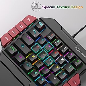 MageGee One Handed Professional Gaming Keyboard, RGB Backlit 35 Keys Mini Wired Mechanical Keyboard with Blue Switch for PC Gamer, Support 6 Macro Keys - Black/Red