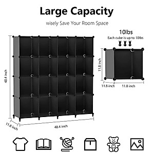 Wolizom Cube Storage Organizer, 16-Cube Black Closet Storage Shelves, Modular Units, Closet Cabinet, Portable DIY Plastic Book Shelf Shelving for Bedroom, Office, Living Room