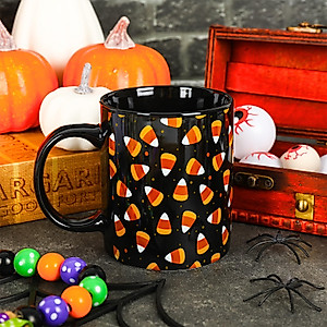 Whaline Halloween Mug 12oz Candy Corn Coffee Mug Candy Corn Black Ceramic Drinking Mugs Halloween Party Cups for Home School Office Table Centerpieces Housewarming Gift