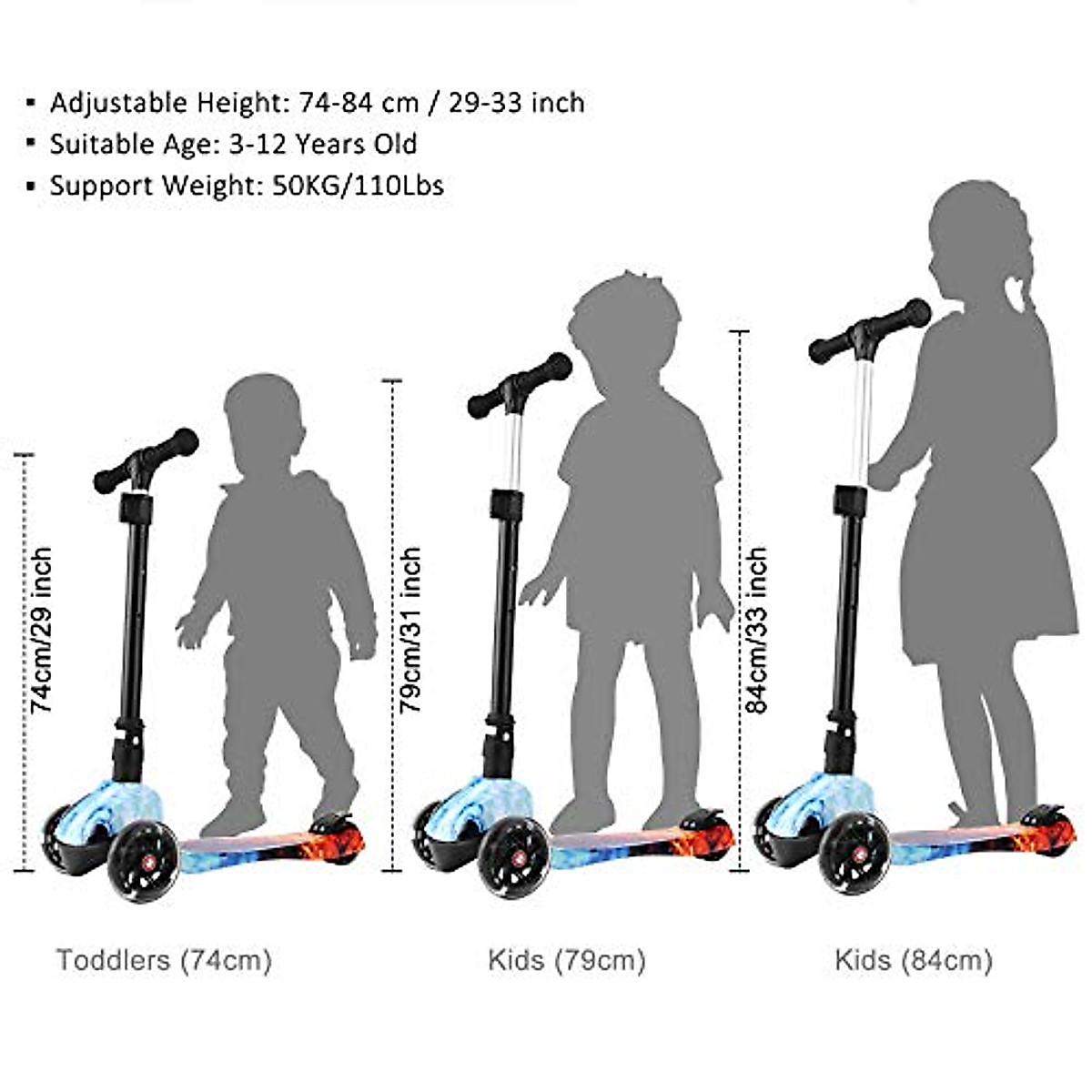 WeSkate Scooters for Kids, Foldable Scooter for Toddlers Girls & Boys, LED Lights Up 3 Wheels Scooter Adjustable Height, Lean to Steer, Great Gifts for Children Ages 3-12