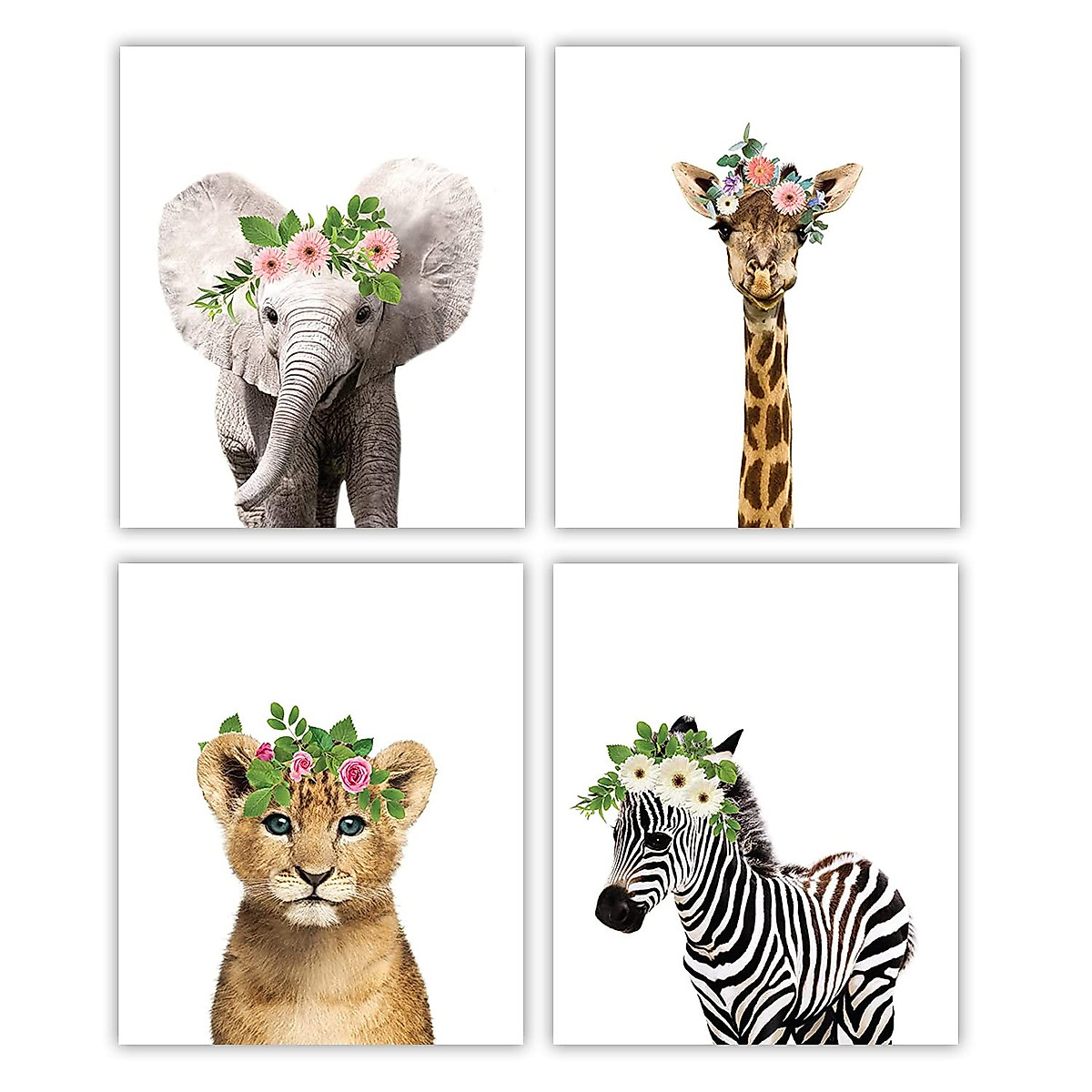 Designs by Maria Inc. Floral Crown Safari Nursery Decor | Girl Nursery Wall Decor - Nursery Art | UNFRAMED Nursery Wall Art Baby Boy Room Decor | Pack of 4 Unisex Animal Nursery Decor [8"x10"]