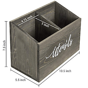 MyGift 2-Slot Rustic Gray Wood Kitchen Utensil Holder for Countertop, Cooking Tools Organizer Caddy with Cursive Utensils Word Design