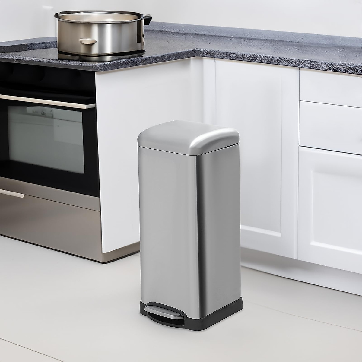 MoNiBloom 8-Gallon Step Trash Can with Soft-Close Lid for Kitchen Bathroom Bedroom Living Room Home Office Dorm Fingerprint-Proof Foot Pedal Garbage Bin Removable Inner Bucket Stainless Steel 30-Liter