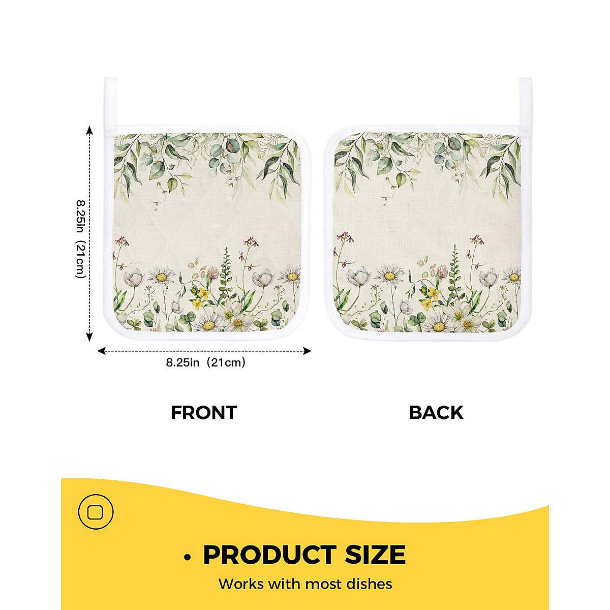 Spring Floral Pot Holders for Kitchen Heat Insulation, Weeping Eucalyptus Leaves Botanical Summer Flowers Daisy Potholders Hot Pads with Hanging Loop, Washable Pot Holder Trivet for Cooking 5 Pack