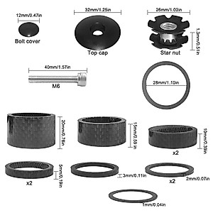 DaKuan 11 Pieces Bike Carbon Fiber Headset Spacer Bicycle 7 Size (20 15 10 5 3 2 1 mm), Bike Headset Top Cap Aluminum Alloy Headset Star Nut Stem Cap Fits 1-1/8inch Stems and Forks