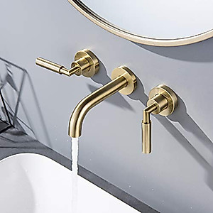 RBROHANT Brushed Gold Wall Mount Bathroom Faucet, Wall Mounted Sink Faucet, Dual Handle, Solid Brass, Rough-in Valve Included
