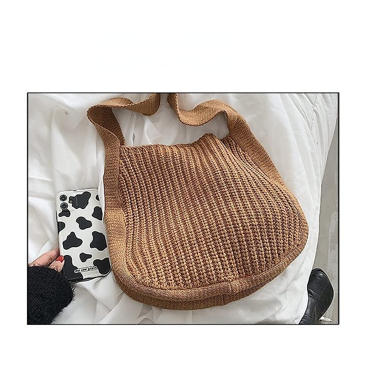 Aesthetic Hobo bag for women Knitted Messenger Bag Large Capacity Tote Bag Cute Crochet Shoulder Bag Fairycore Handbag (Tan)