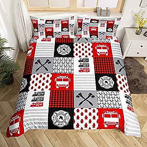 5Pcs Red Fire Truck Car Duvet Cover Set Queen Size & Curtain Set: 1 Duvet Cover + 2 Pillowcase + 2 Panels of 42 W x 63 L inch Each