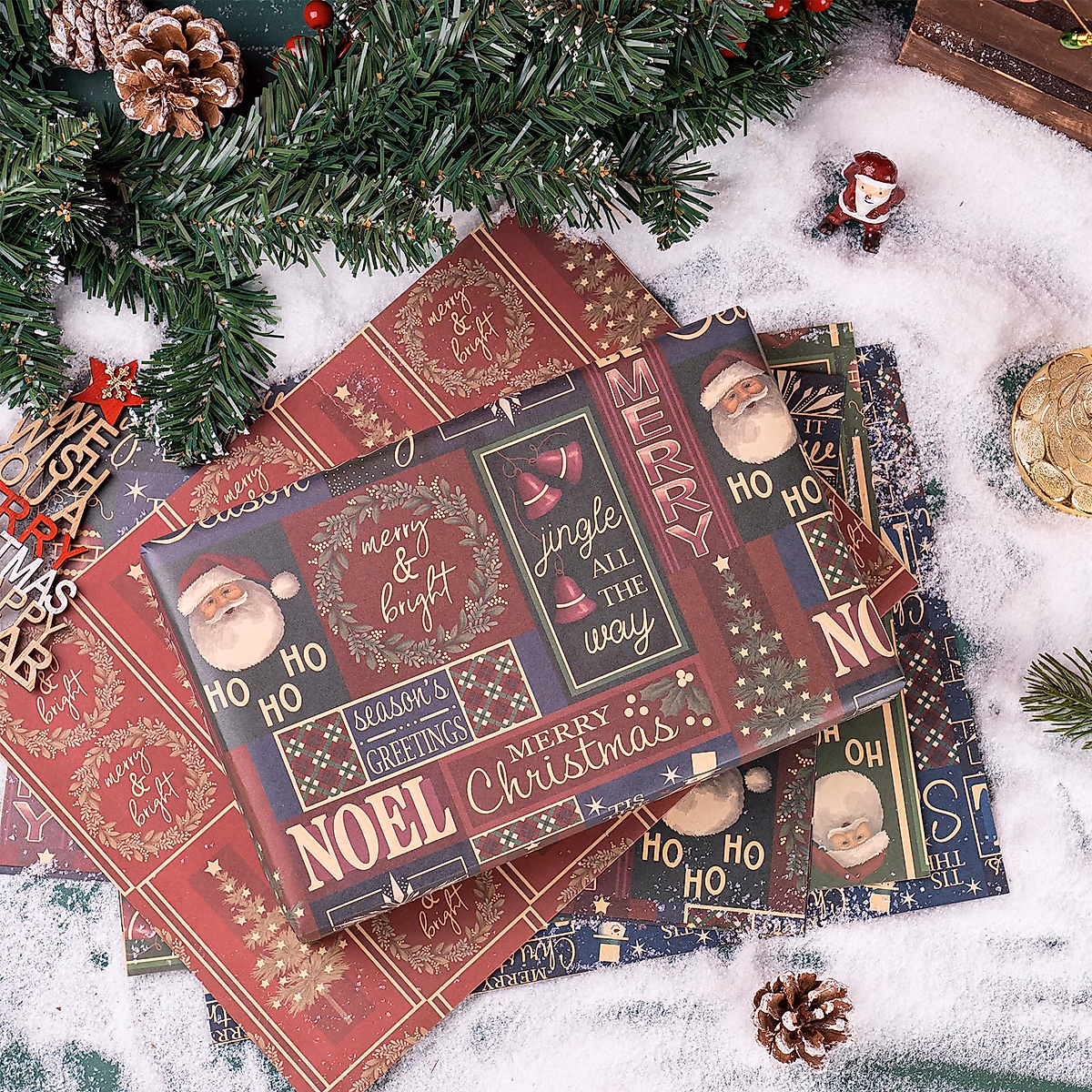 RUSPEPA Kraft Wrapping Paper Sheets - Christmas Santa Claus and Snowman Design - 12 Folded Sheets-19.68 X 27.5 Inch