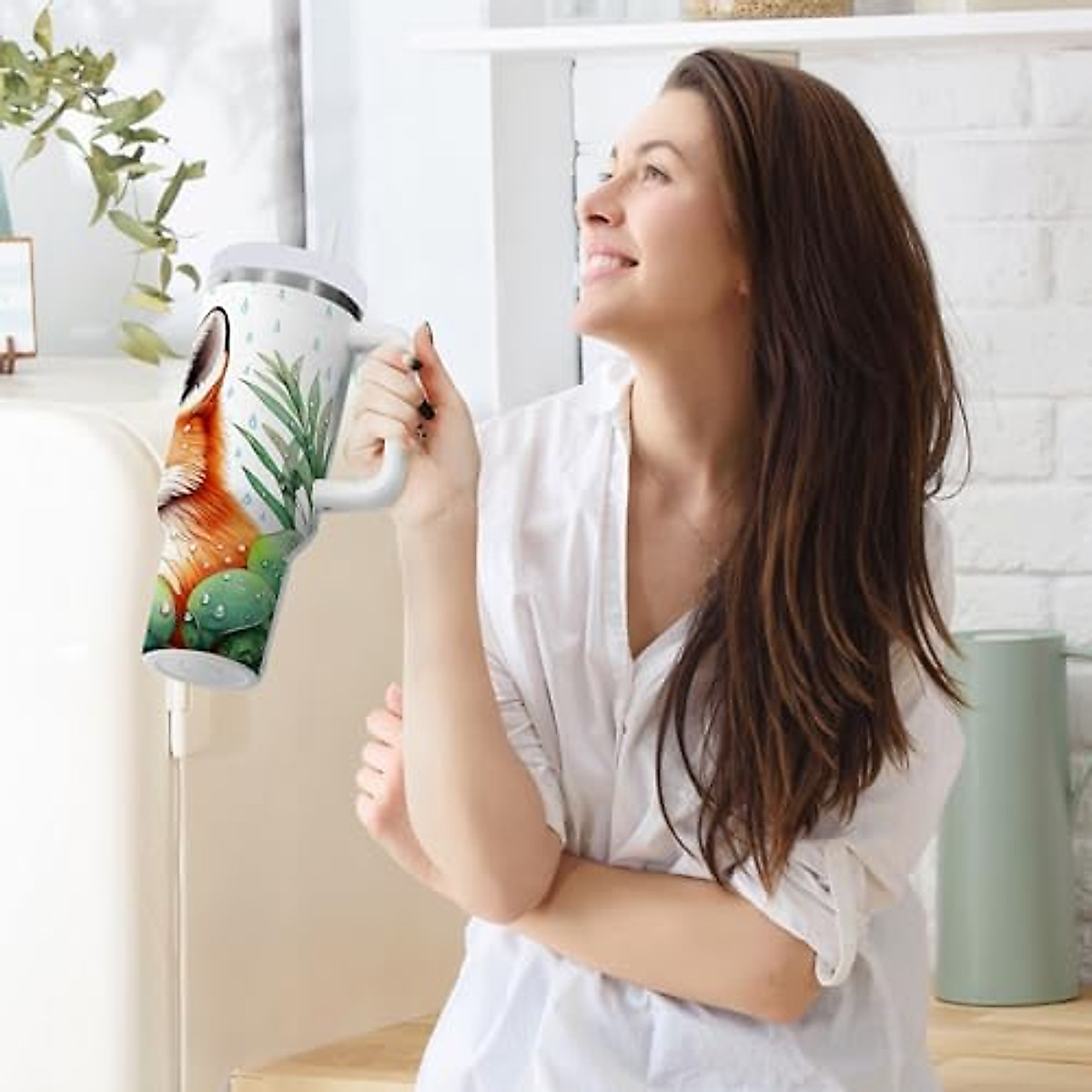 RPLIFE Cute Fox Green Leaves Tumbler, Stainless Water Bottle, Drinking Cups with Lids and Straws