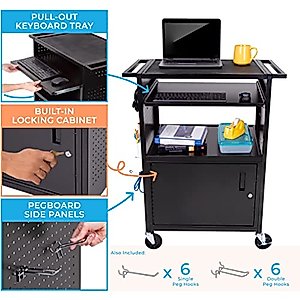Line Leader Stellar AV Cart | Computer Cart with Pegboard Siding & 12 Hooks for Customizable Storage | Locking Cabinet & Pullout Keyboard Tray | UL Safety Certified Power Outlets | Locking Wheels 