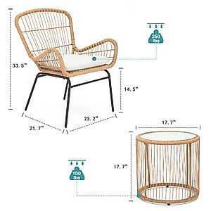 Livavege 3 Piece Patio Furniture Outdoor Wicker Balcony Bistro, Weather Rattan Conversation Chairs Set with Glass Top Table and Soft Cushions for Backyard, Pool, Deck, Garden, Brown