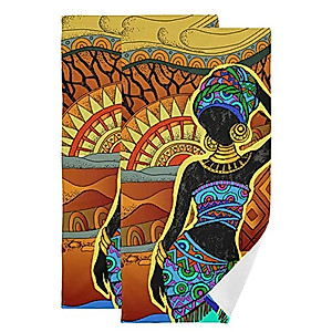 DOMIKING Decorative Hand Towels for Bathroom - African Woman Landscape Cotton Guest Towel Set of 2 Absorbent Face Cloth for Gym Home Bathroom Sports