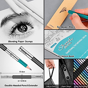 Soucolor 73 Art Supplies for Adults Teens Kids Beginners, Art Kit Drawing Supplies Sketching Set, Drawing Pencils Set Zipper Gift Case: Sketch Book, Coloring Book, Metallic Charcoal Pencils Stuff