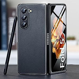 Waldeng 3-in-1 for Samsung Galaxy Z Fold 5 Case, [Omni-Directional Protection] [Metallic Glossy Bumper] Fascinating Touch Silm Fit Stylish Leather 5g Case for Galaxy Z Fold 5 Phantom Black