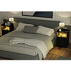 SUPERJARE Nightstand with Charging Station and LED Light Strips, Night Stand with Drawers, End Table with USB Ports and Outlets, Bedside Table for Bedroom, Black