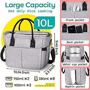 KIPBELIF Insulated Lunch Bags for Women - Large Tote Adult Lunch Box for Women with Shoulder Strap, Side Pockets and Water Bottle Holder, Gray, Normal Size